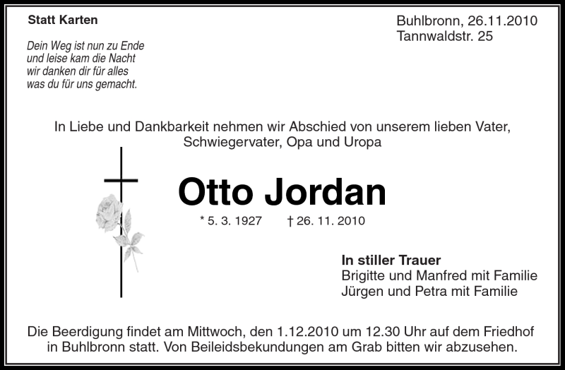 Traueranzeigen von Otto Jordan | ZVW-Trauer