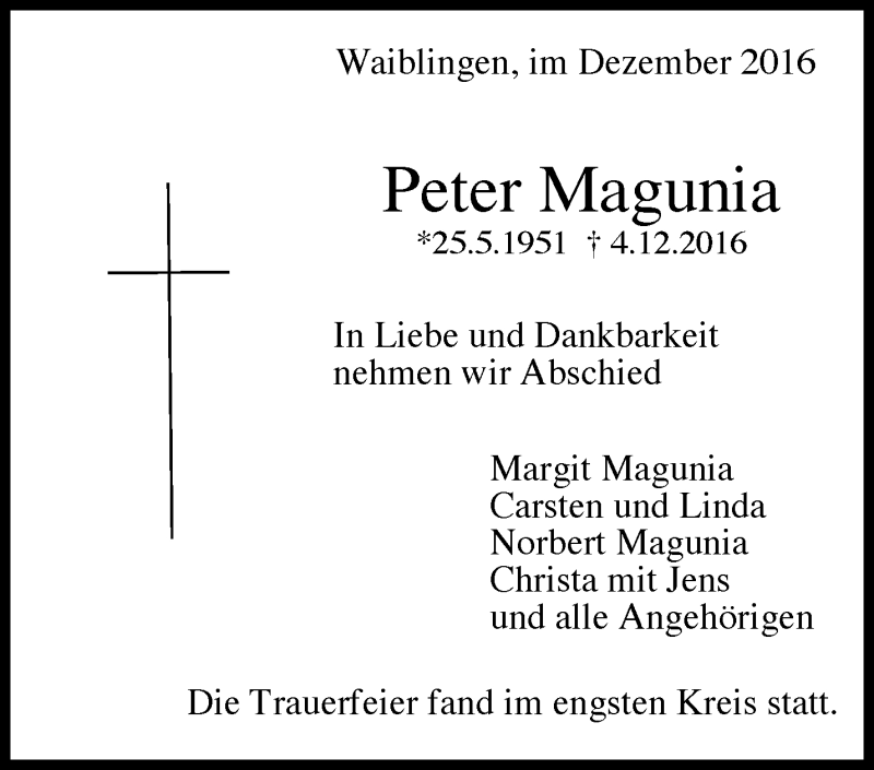 Traueranzeigen von Peter Magunia | ZVW-Trauer