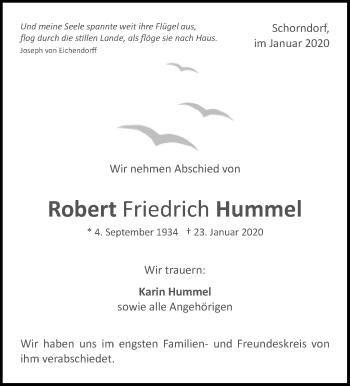 Traueranzeigen von Robert Friedrich Hummel | ZVW-Trauer