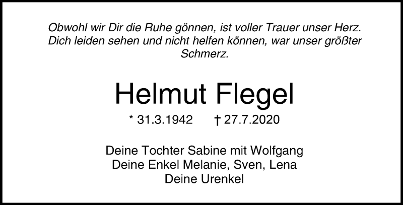 Traueranzeigen von Helmut Flegel | ZVW-Trauer