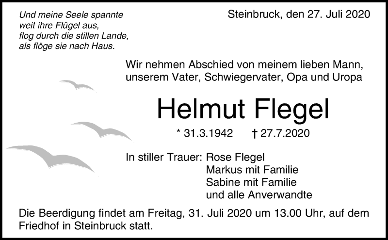 Traueranzeigen von Helmut Flegel | ZVW-Trauer