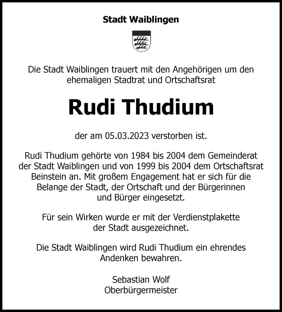 Traueranzeigen von Rudi Thudium | ZVW-Trauer
