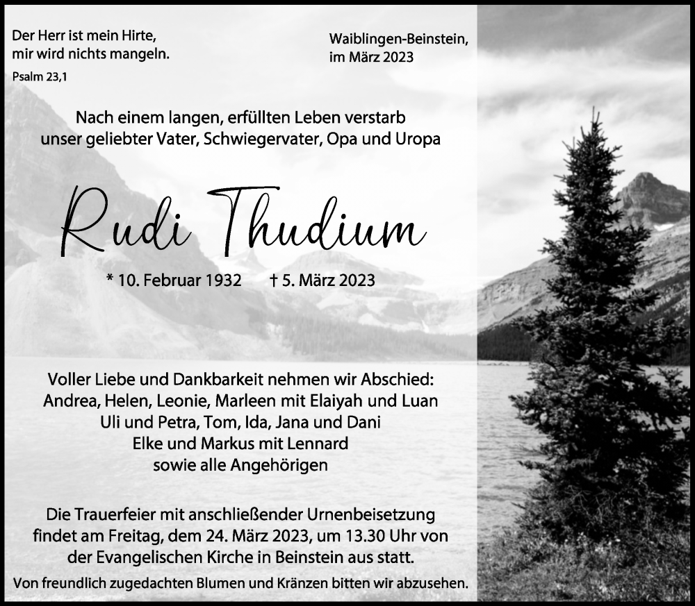 Traueranzeigen von Rudi Thudium | ZVW-Trauer