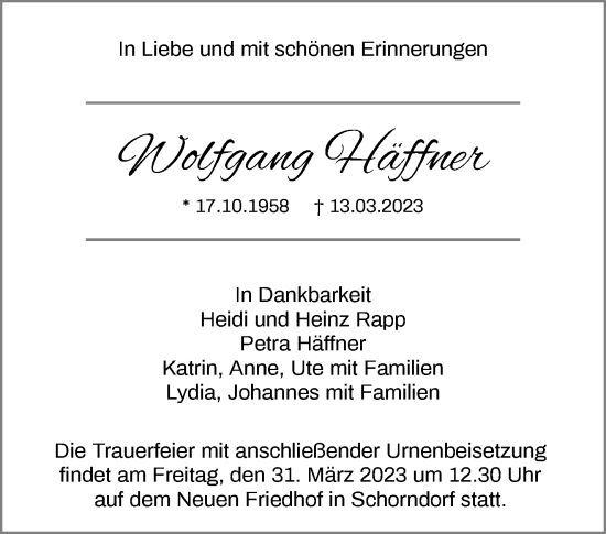 Traueranzeigen von Wolfgang Häffner | ZVW-Trauer